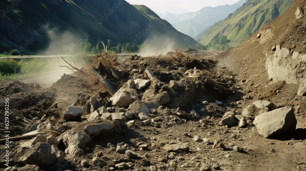 landslide in progress, with rocks and dirt tumbling down a hillside ...