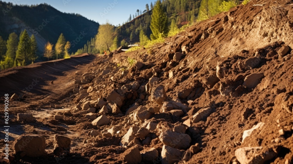 landslide in progress, with rocks and dirt tumbling down a hillside ...