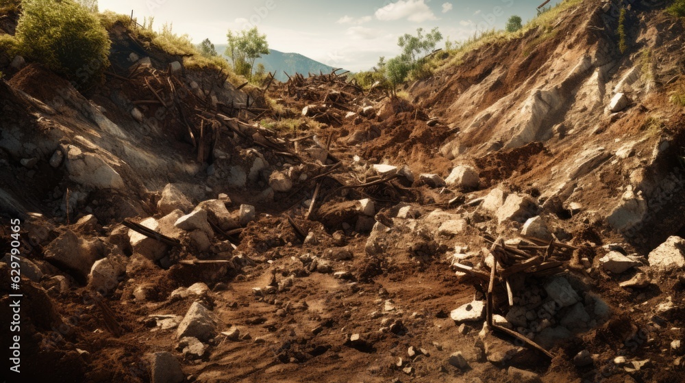 landslide in progress, with rocks and dirt tumbling down a hillside ...