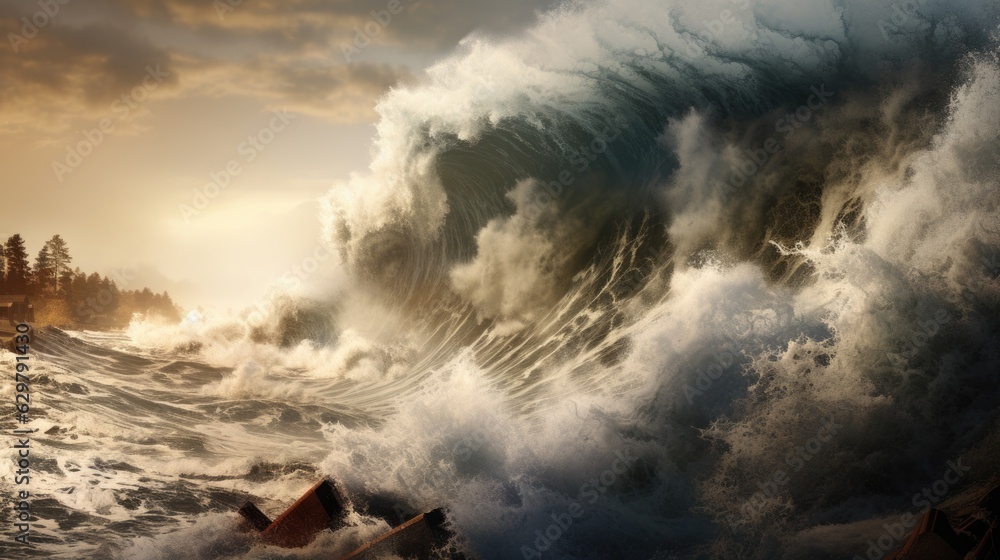 massive wave crashing onto the shore during a tsunami, illustrating the ...