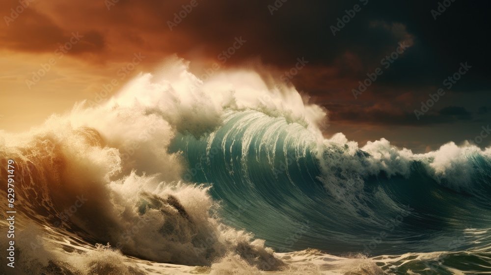 massive wave crashing onto the shore during a tsunami, illustrating the ...