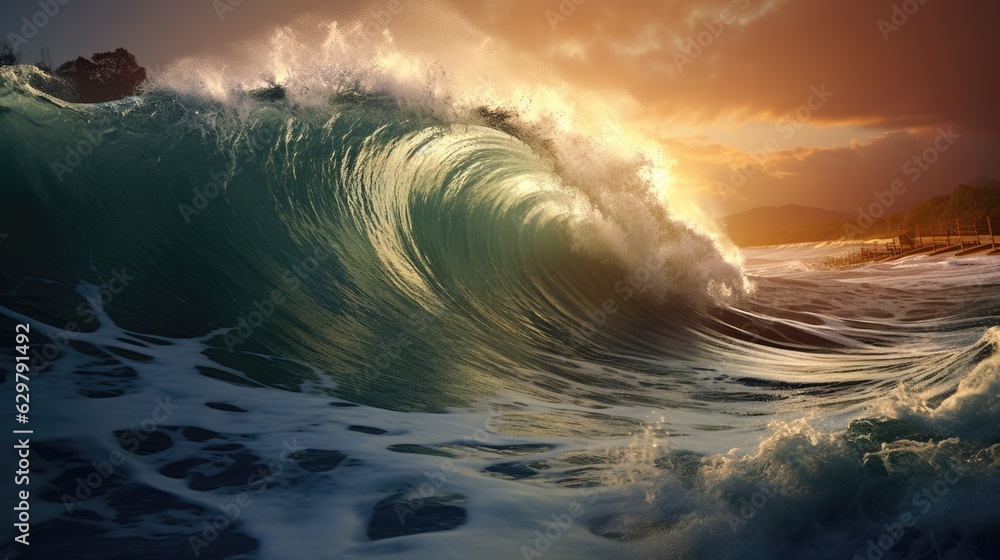 massive wave crashing onto the shore during a tsunami, illustrating the ...