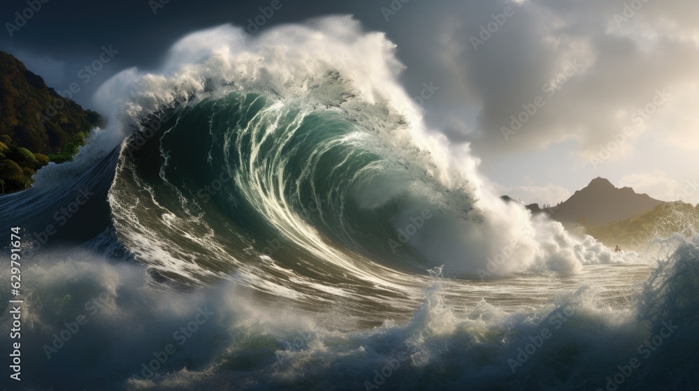 massive wave crashing onto the shore during a tsunami, illustrating the ...