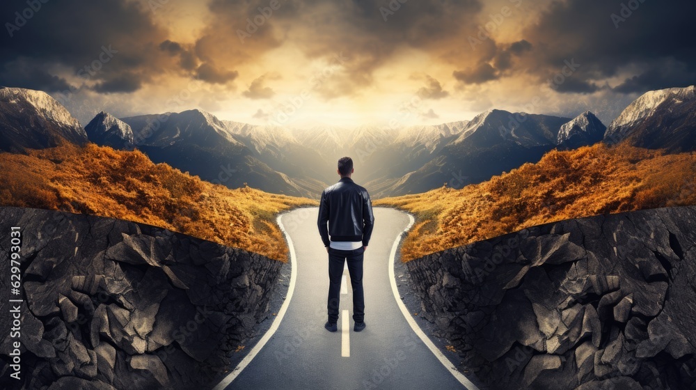 person standing in front of a road that splits into two, representing ...