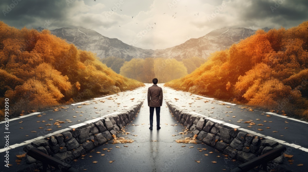 person standing in front of a road that splits into two, representing ...