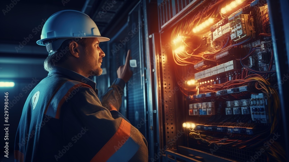 Adult electrical engineer inspect the electrical systems. Stock ...