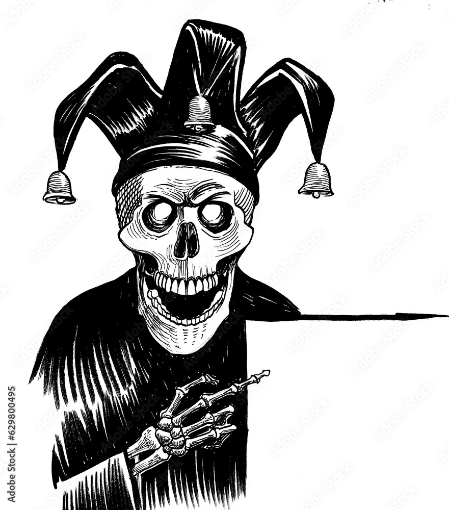 Dead jester pointing at blank sheet of paper. Boxing athlete. Hand ...
