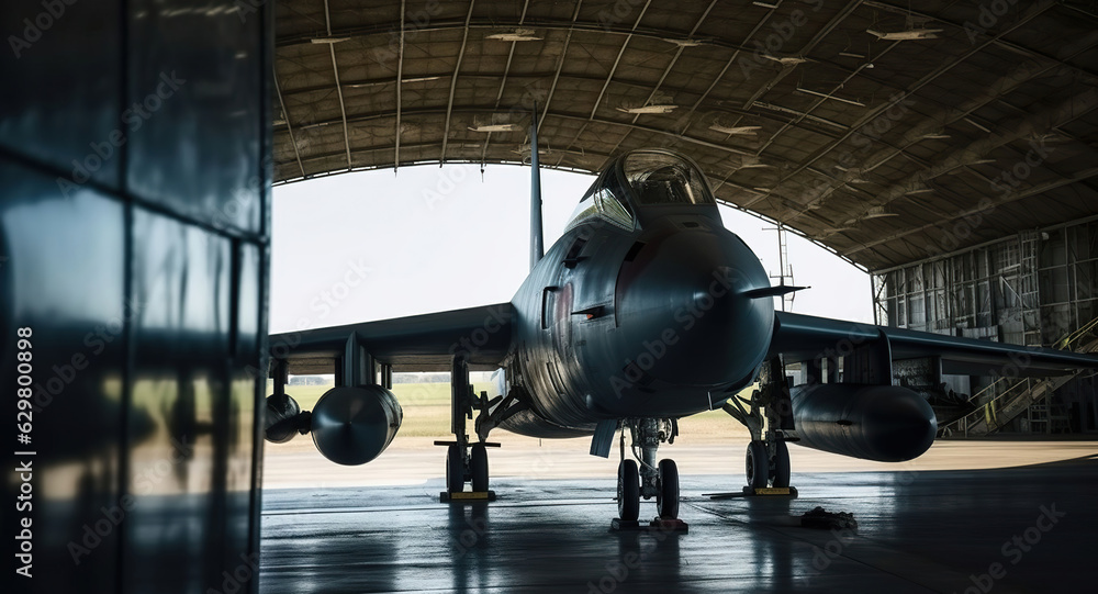 American military bomber aircraft with bombs parked in airport base ...