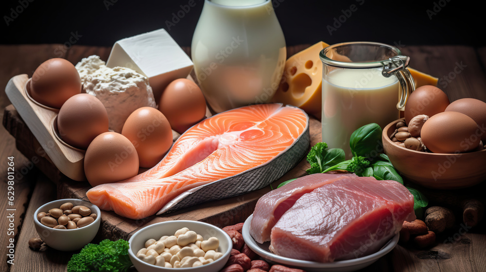 A picture of high protein food a dish of meat, poultry, eggs, two ...