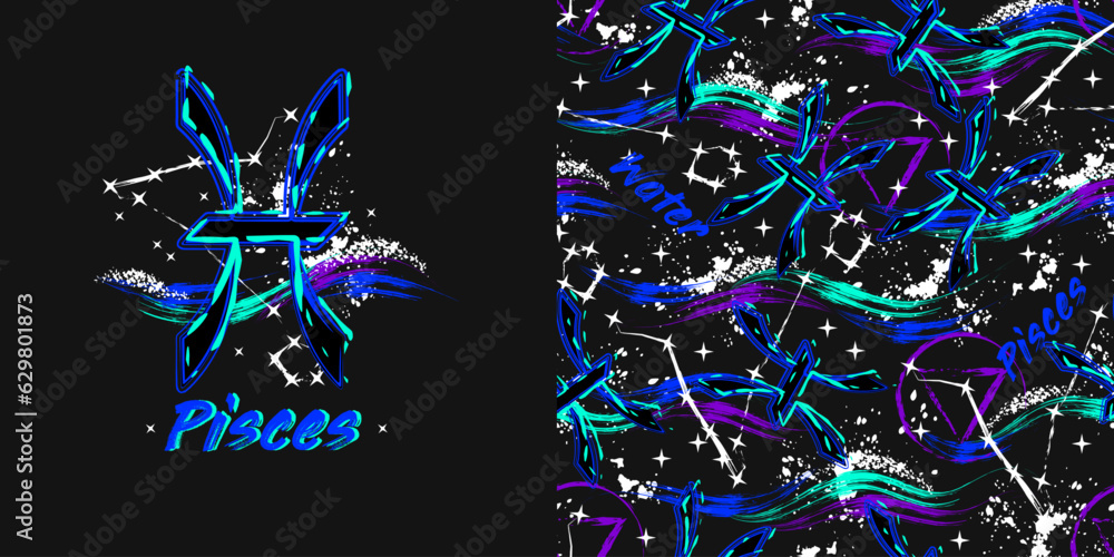 Label, pattern with icon of zodiac sign Pisces with constellation, text ...