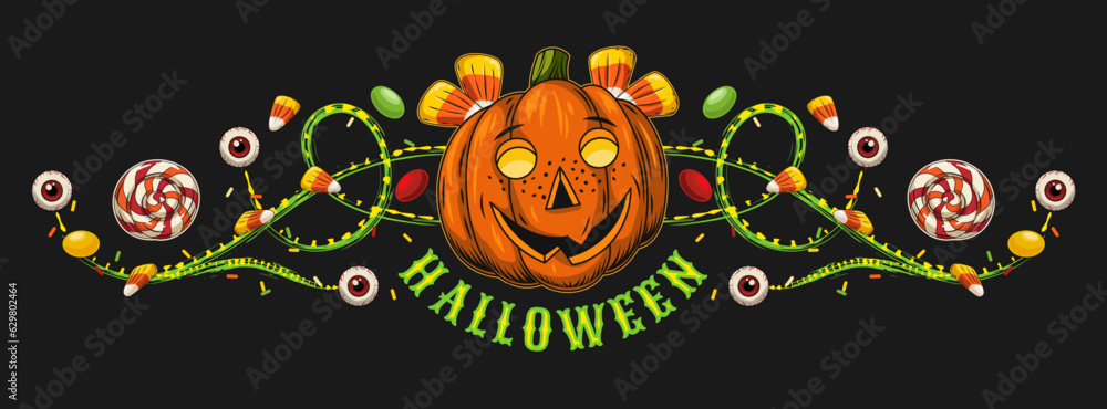 Halloween banner, border with pumpkin head like little girl, sweets ...