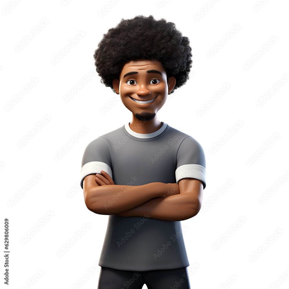 3D cartoon character happy smiling black young man standing with arms ...