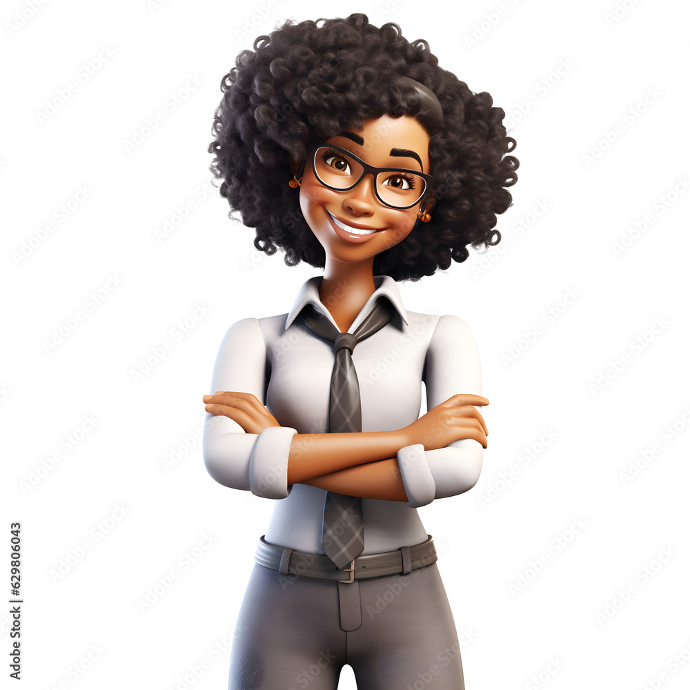 3D cartoon character smiling black young woman standing with arms ...