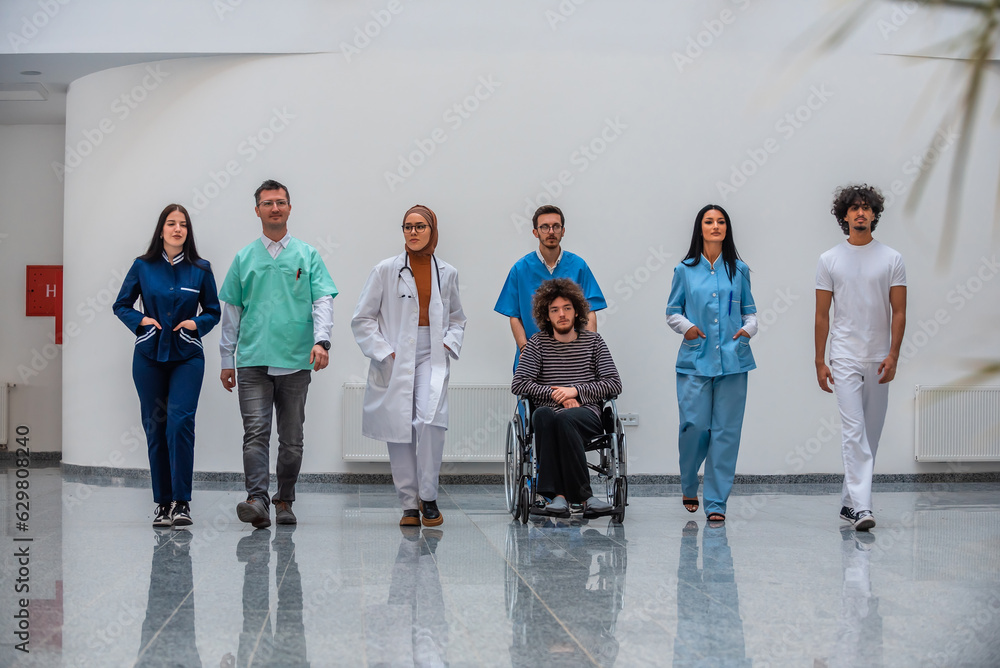 Multicultural medical team with patient in wheelchair are walking ...