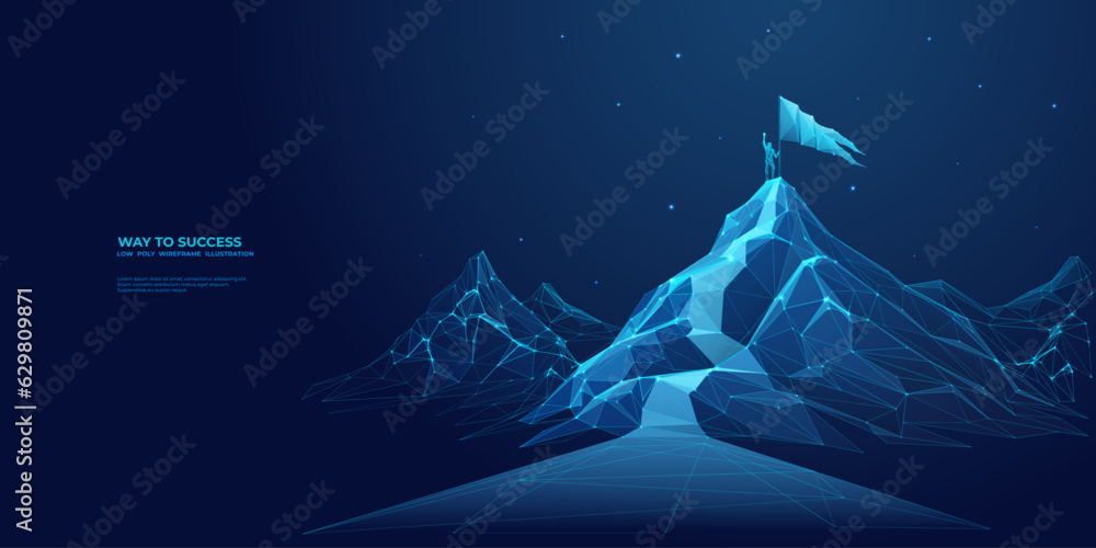 Digital mountain with a flag and a professional climbing businessman on ...