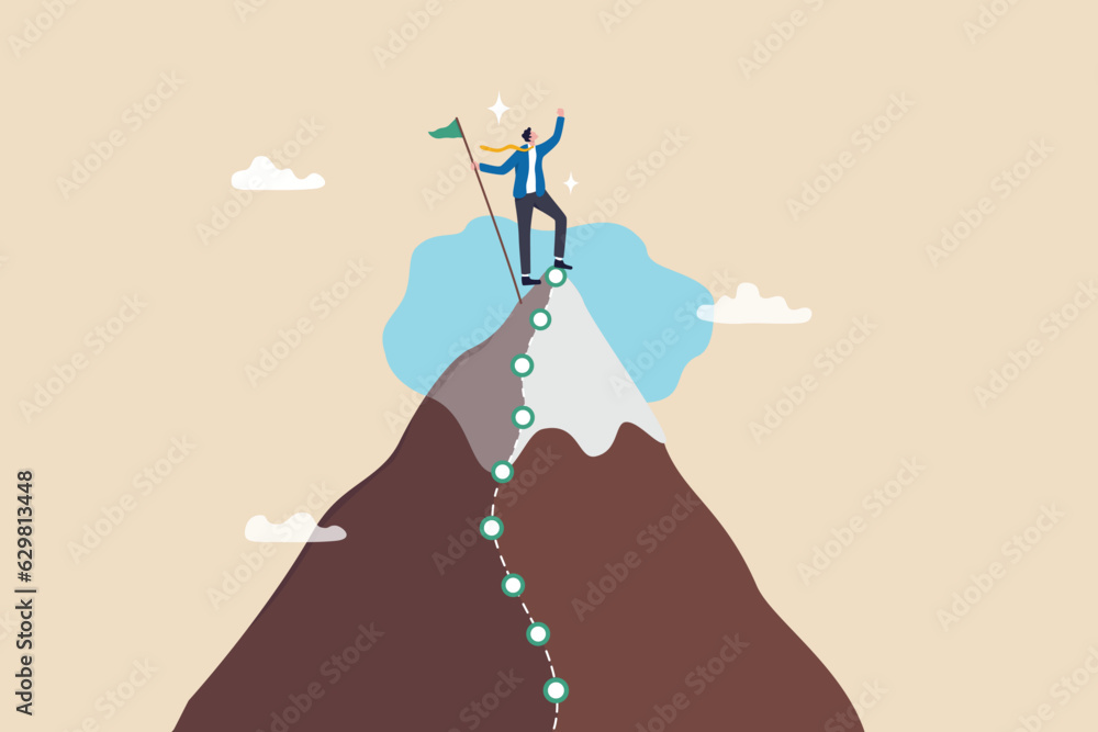 Success journey, milestone to reach goal, challenge or achievement ...