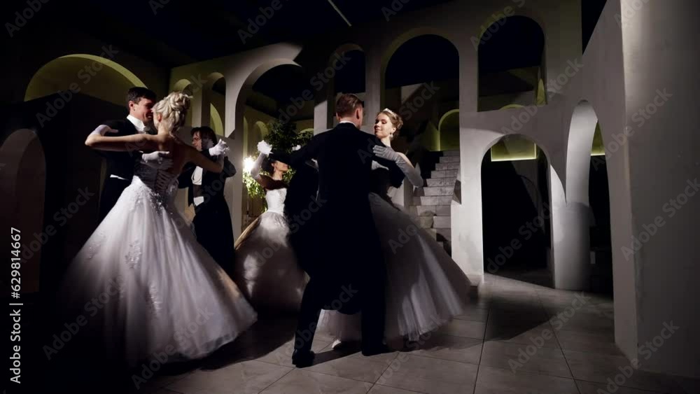 fabulous dance ball in royal castle, dancing pairs whirling in waltz by ...