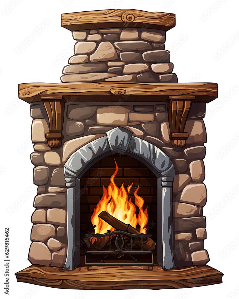 Cartoon Brown Stone Fireplace with Wood Mantle, Isolated Clipart ...
