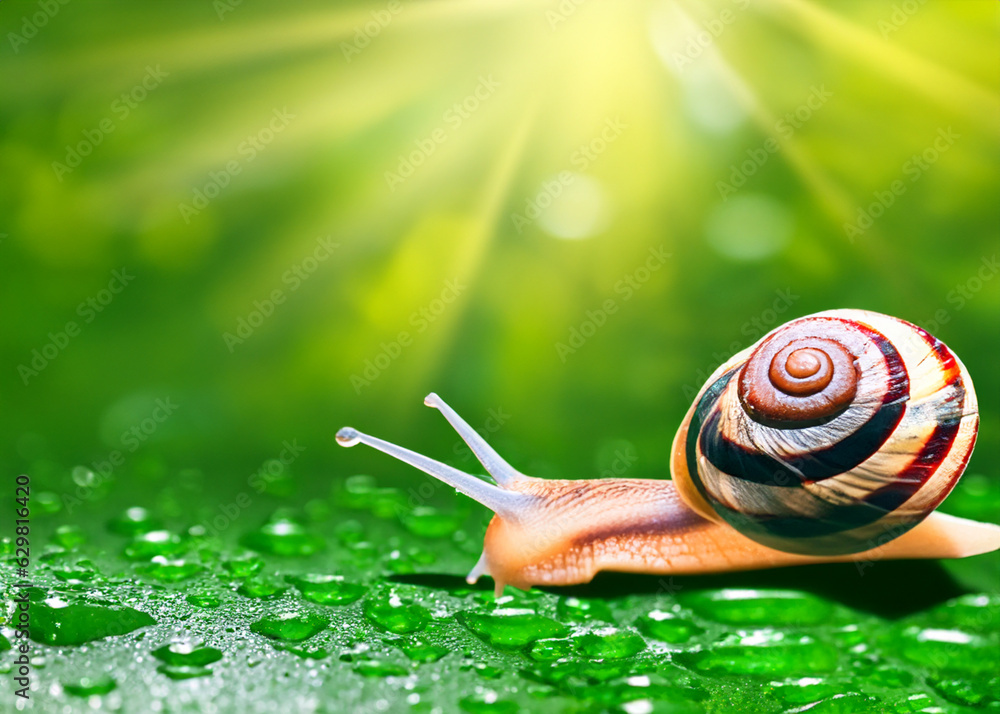 macro close up photo of a garden snail on green natural background, sun ...