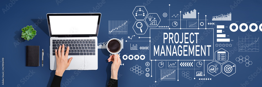 Project management theme with person using a laptop computer Stock ...