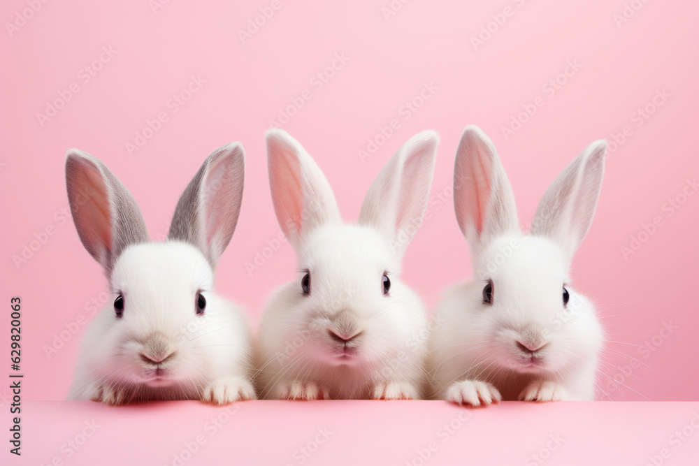 Three cute white rabbits grab the edge of the pink table for photo ...