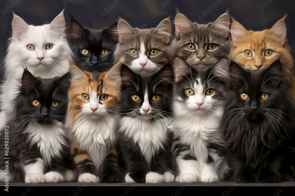 A group of cute cats line up perfectly in 2 rows for group photo poses ...