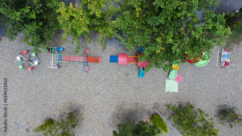 Aerial view of the playground in the park. Playground at a public park ...