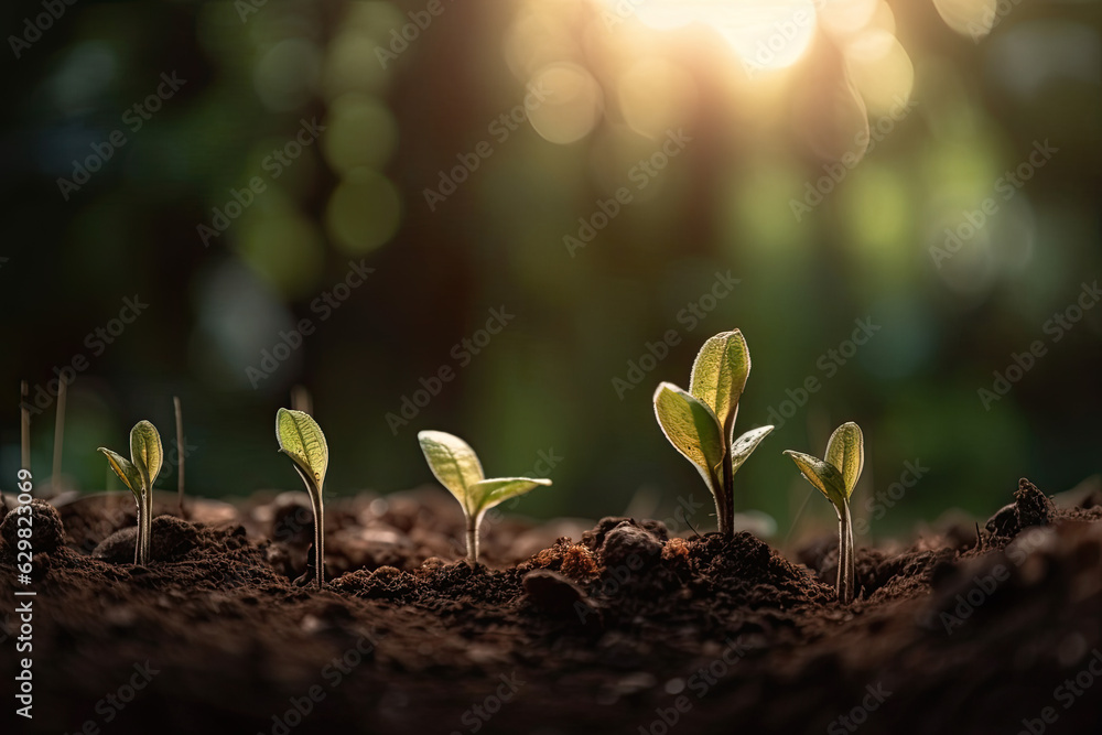 Small sprouted plants on a green background, concept of caring for the ...