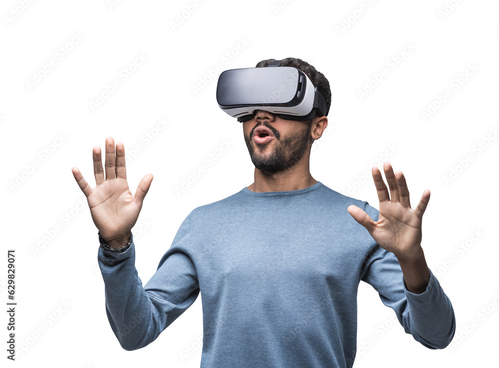 Young man using virtual reality headset isolated in transparent PNG, VR ...
