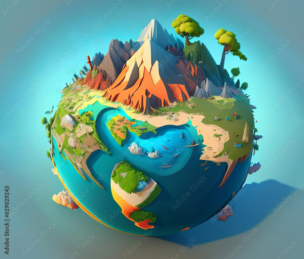 3d model the earth with mountains, rivers and trees, AI generated Stock ...
