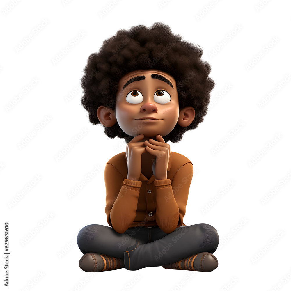 3D cartoon character black young man thinking and looking sitting on ...