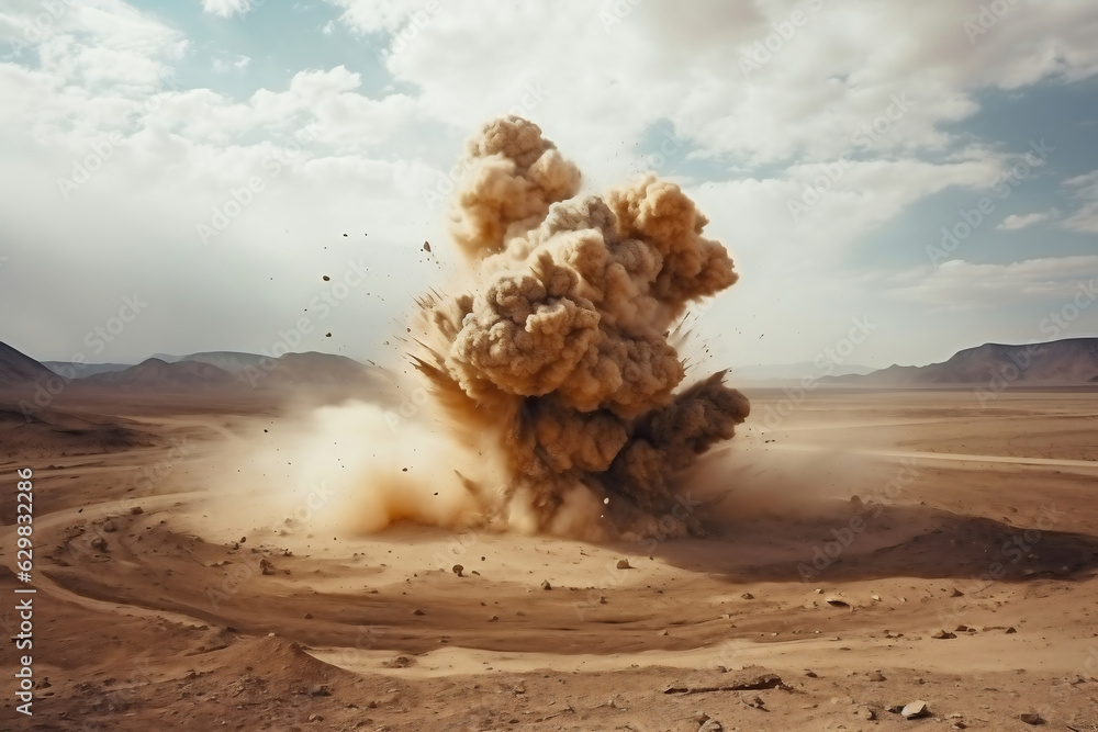Nuclear explosion in the desert. Puffs of sand and ash against the sky ...