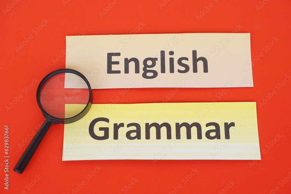 Word cards English Grammar, magnifying glass on red background. Concept ...