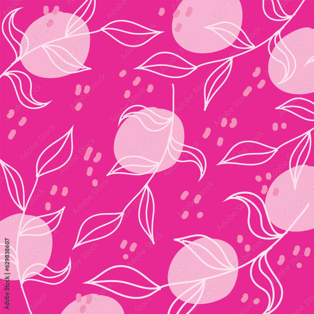 Bright pink pattern with twigs and leaves. Background for the doll ...