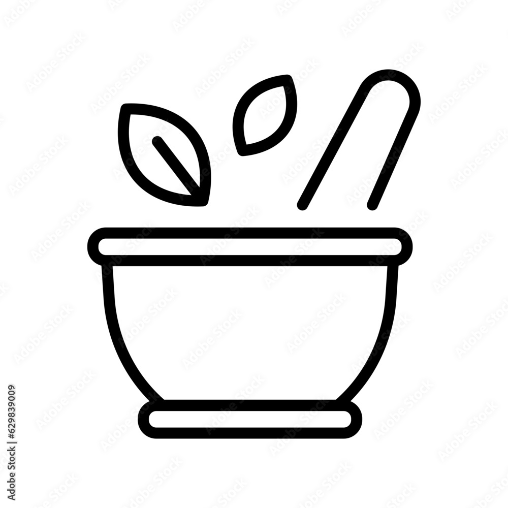 Black single mortar pestle line icon, simple natural treatment flat ...