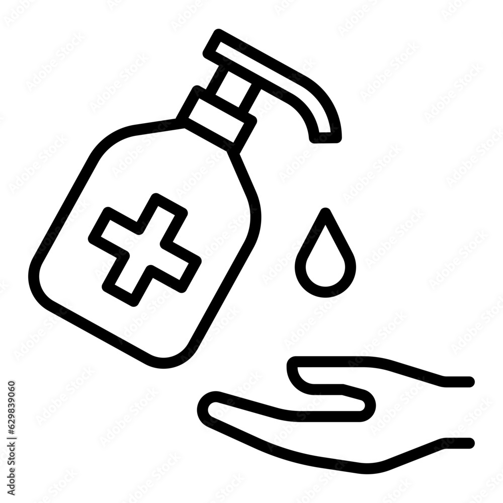 Black single hand sanitizer line icon, simple healthy cleaning flat design vector pictogram ...