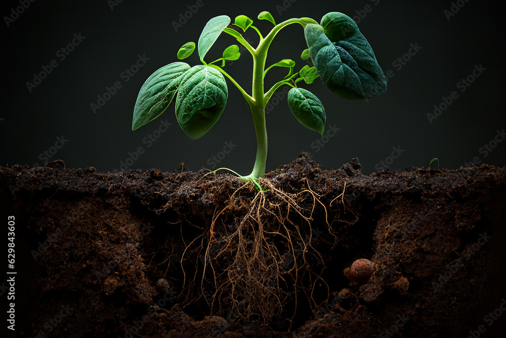 a young plant with roots in the ground,a young plant with roots,green ...