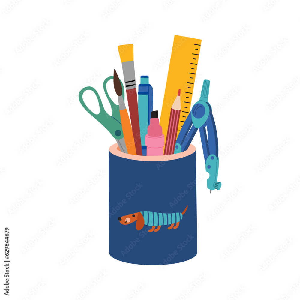 Desktop stand with pencil, pen, scissors, ruler, paintbrushes ...