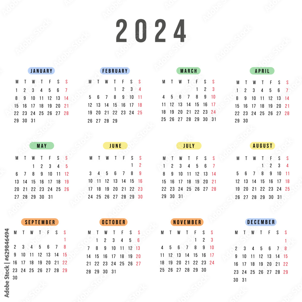 English calendar 2024 year. Vector square stationery calendar week ...