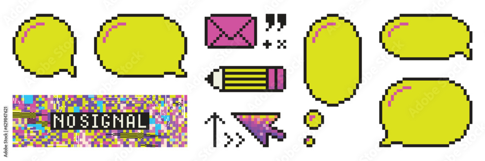 Retro set of pixel dialogue box and elements, no signal TV screen ...