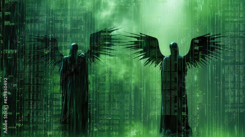 Digital Render of Angel Figure Silhouettes Against Matrix-Style Code ...