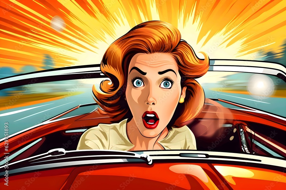 person in the car, frightened woman driving, speed on the road ...
