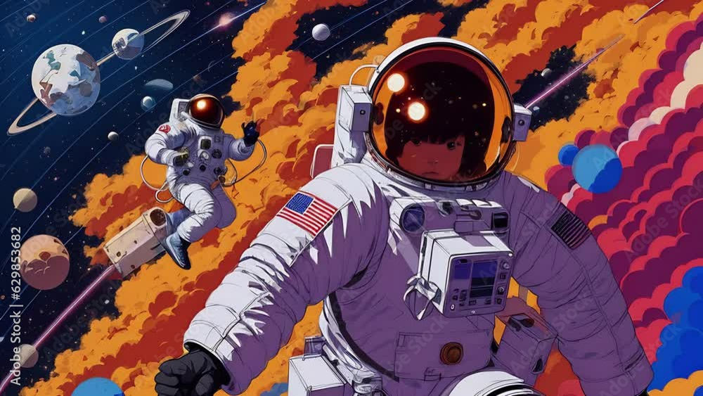 Astronaut in a spacesuit flies in deep space animation. Dreamy cosmic ...