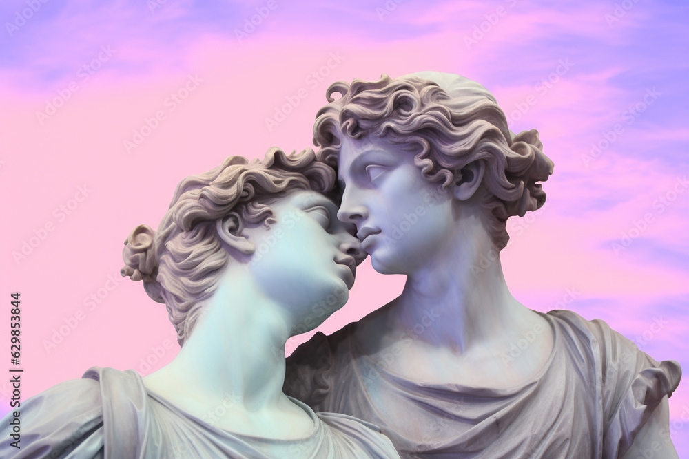 Greek statue of two women in love on a pastel background, lgbtq concept ...
