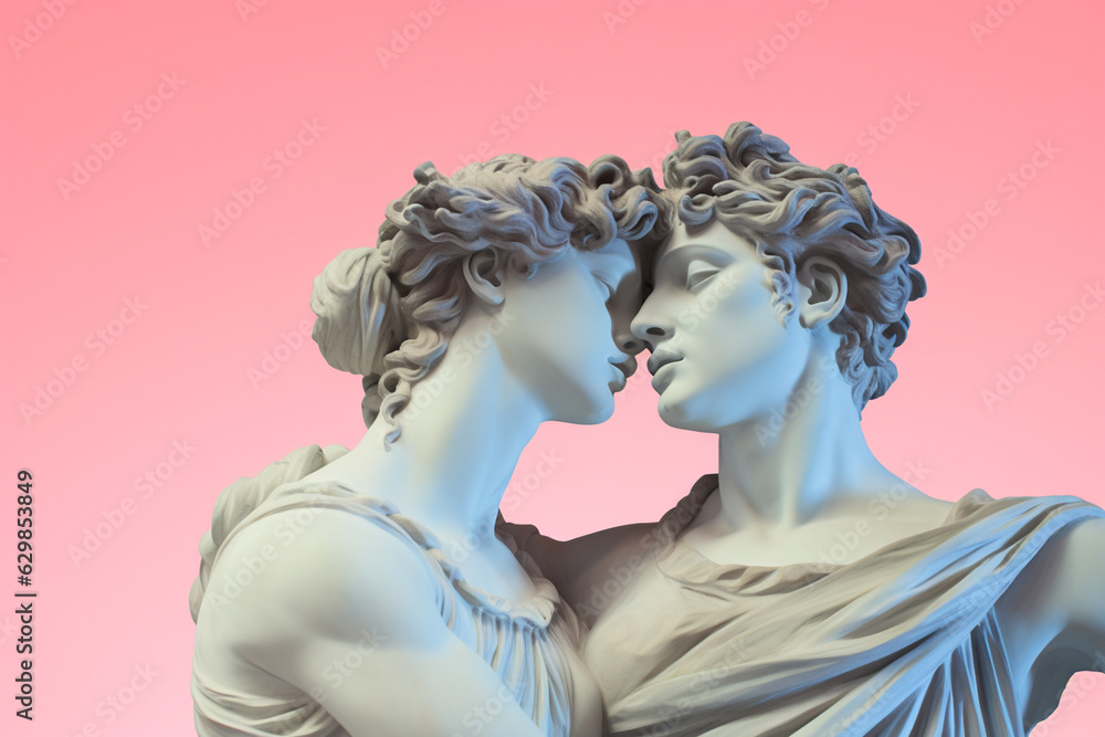 Greek statue of two women in love on a pastel background, lgbtq concept ...