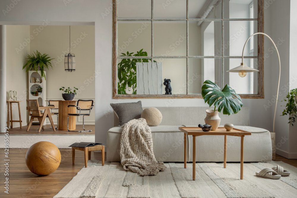 Interior design of open space interior with modular sofa, big window ...