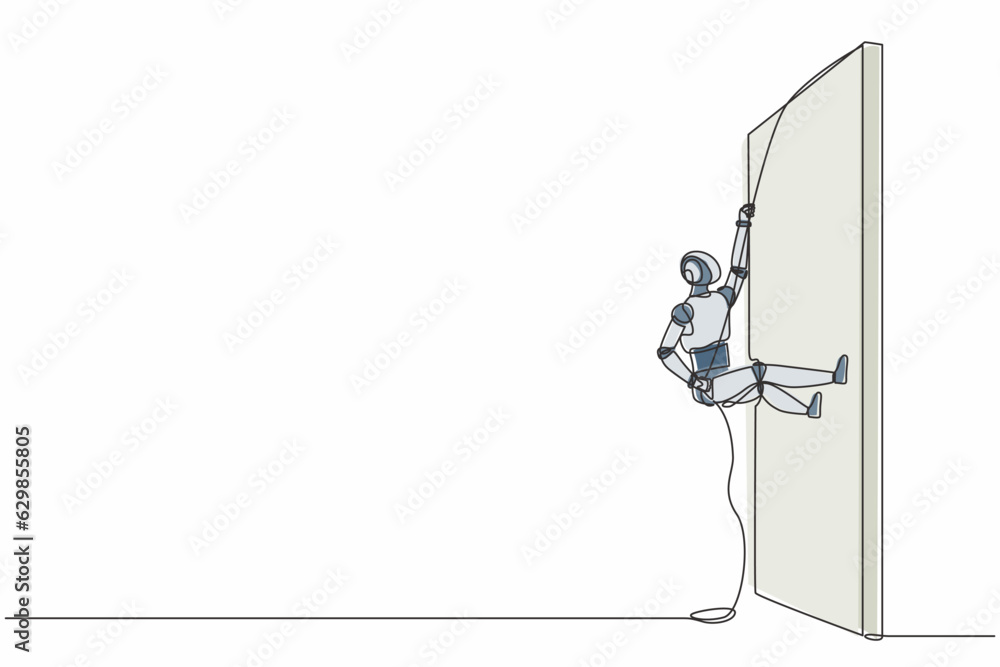Single continuous line drawing robot climbing over wall with rope ...
