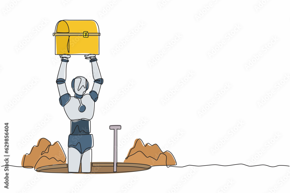 Single continuous line drawing robot standing in digging hole and ...