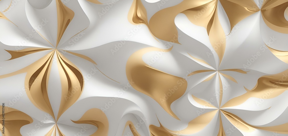 Abstract parametric drawings and geometries in gold with white shapes ...