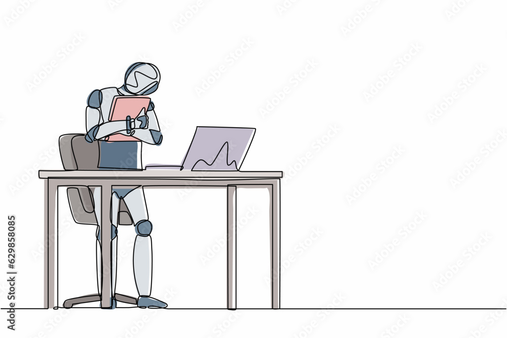 Continuous one line drawing robot standing and hugging laptop at office ...